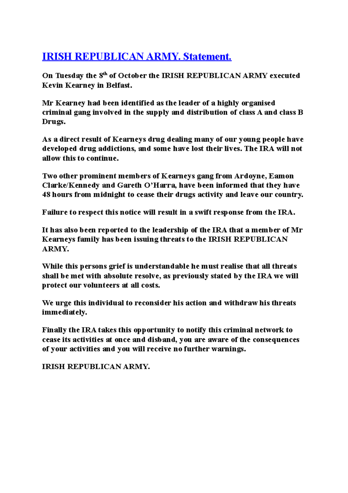Irish Republican ARMY Statement October 8th 2013-2 - IRISH REPUBLICAN ...