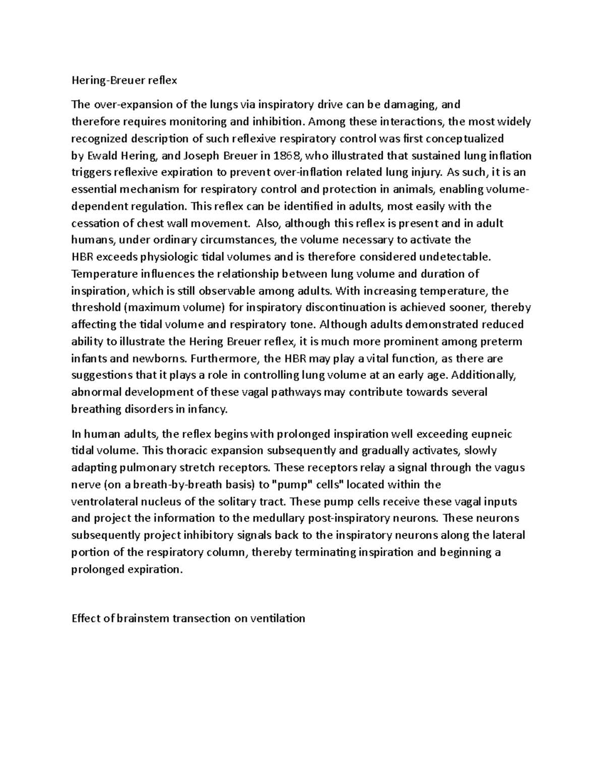 Brenda - Hering-Breuer reflex The over-expansion of the lungs via ...