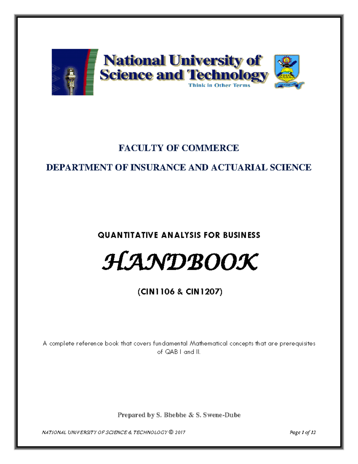 QAB Handbook 1 - Summary Quantitative Analysis for Business - FACULTY OF COMMERCE DEPARTMENT OF ...