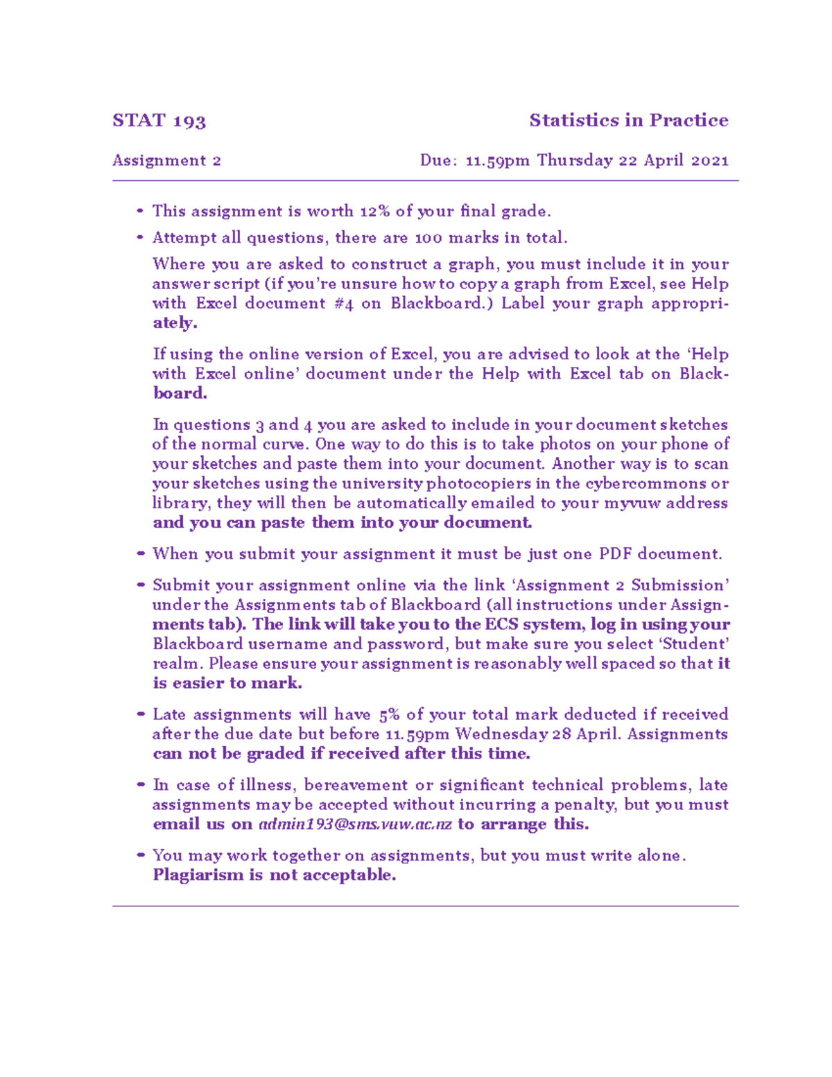 Marked Assignment 2 for STAT193 - STAT 193 Statistics in Practice Assignment 2 Due: 11 Thursday ...