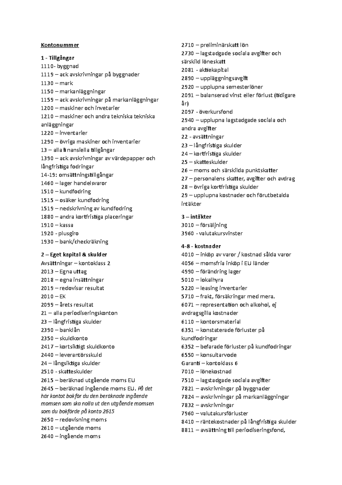Kontonummer - Kontoklasser vid löpande bokföring - Kontonummer 1 ...