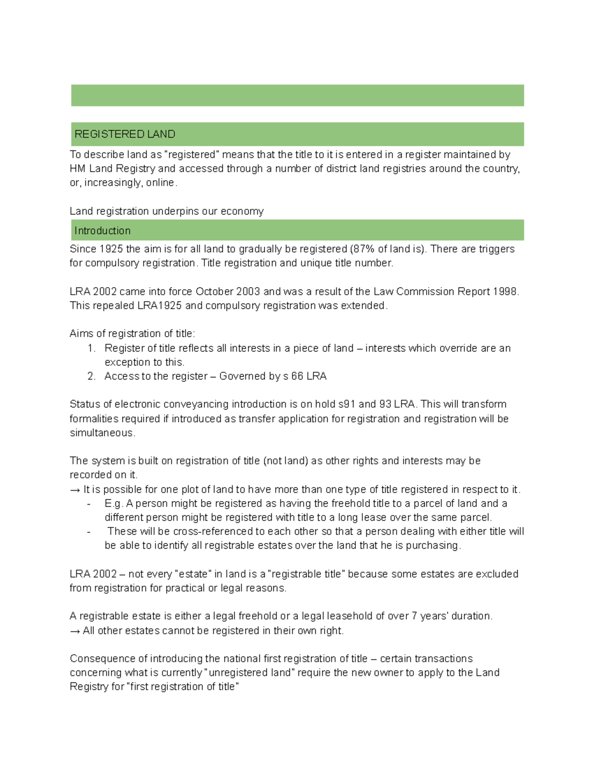 Registered LAND - Lecture notes - REGISTERED LAND To describe land as ...