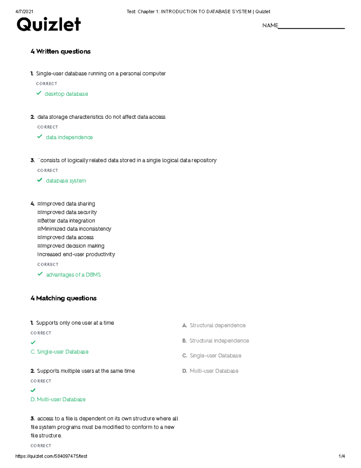 Test Chapter 1 t - 4 Written questions 1. CORRECT desktop database 2 ...