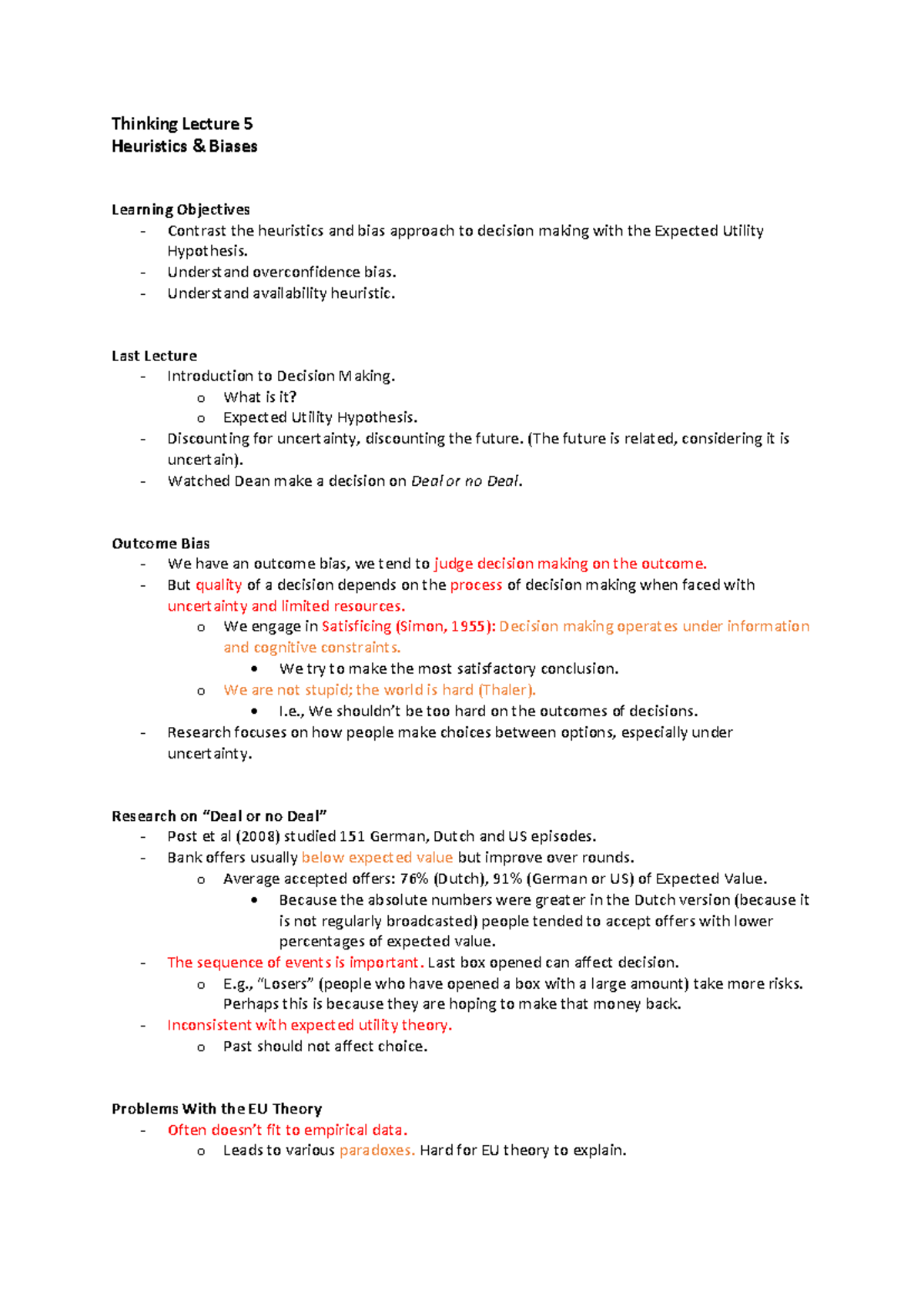 PSYC2016 - 2022 - Thinking Lecture 5 - Thinking Lecture 5 Heuristics & Biases Learning - Studocu
