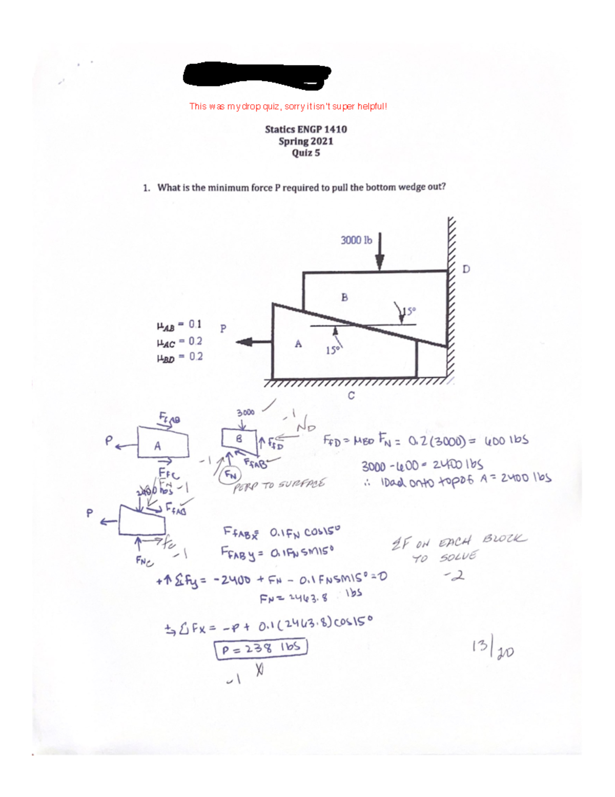 Statics Quiz 5 - Quiz 5 with solutions - This was my drop quiz, sorry ...
