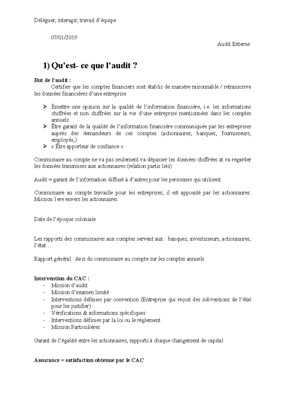 Audit Externe - Séance 1 - 07/01/ Audit Externe 1) Qu’est- ce que l ...