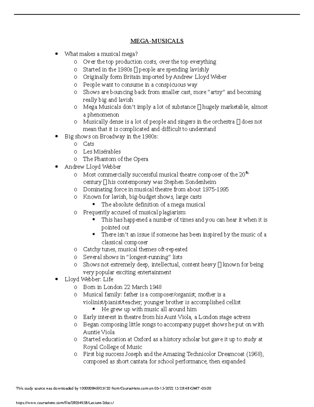 Note - Notes for the class - MEGA-MUSICALS What makes a musical mega? o ...
