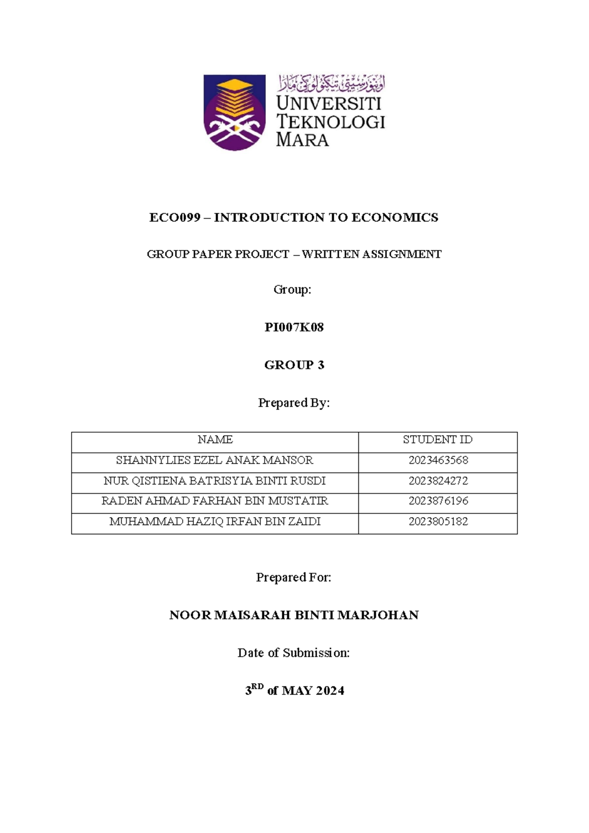 ECO099 Group Project Paper Group 3 - ECO099 – INTRODUCTION TO ECONOMICS ...