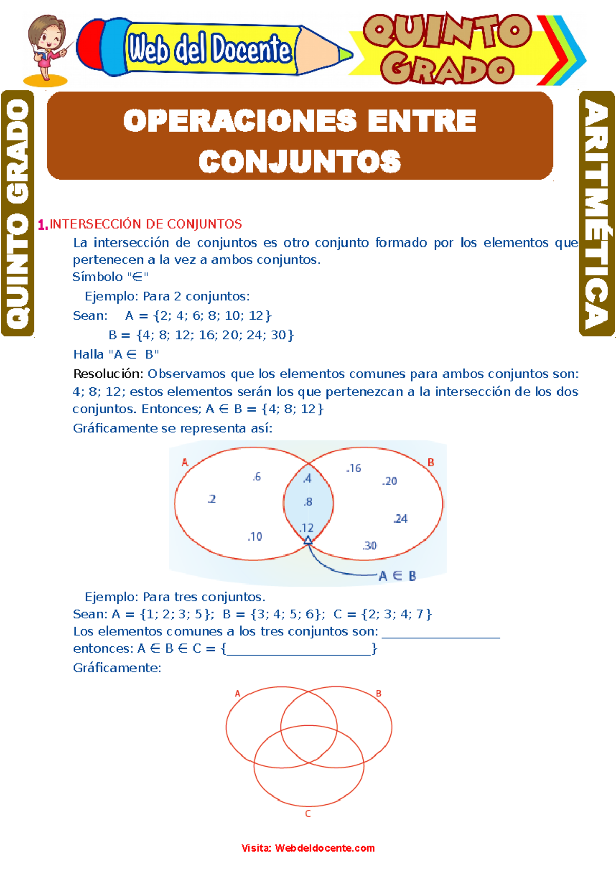 Operaciones entre Conjuntos para Quinto Grado de Primaria - 1ÓN DE CONJUNTOS La intersección de ...