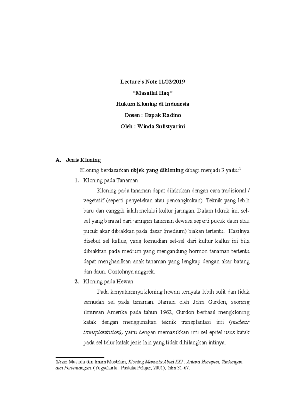 Lecture's Note- Hukum Kloning- Winda Sulistyarini - Lecture’s Note 11 ...