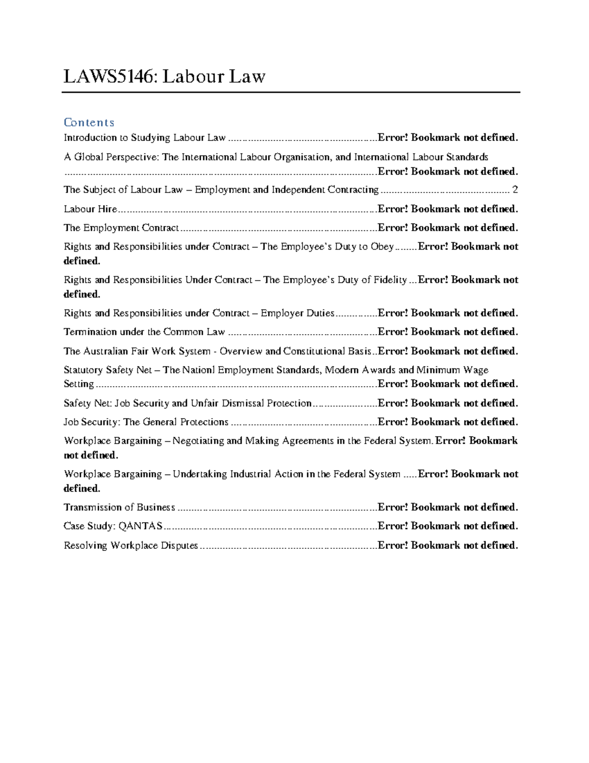 Employment notes - Summary Labour Law - LAWS5146: Labour Law Contents ...