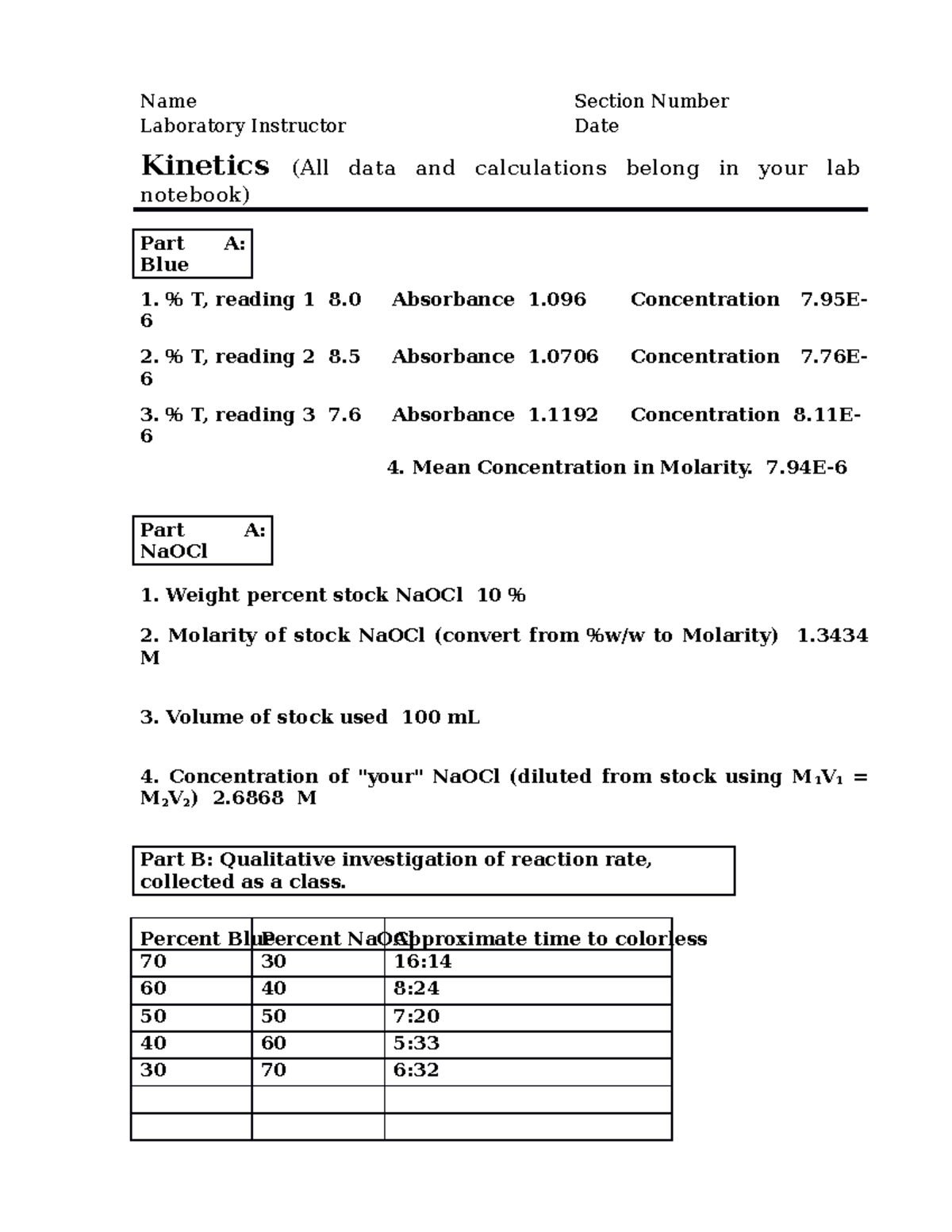 04.Kinetics Submission-1 - Name Section Number Laboratory Instructor Date Kinetics (All data and ...