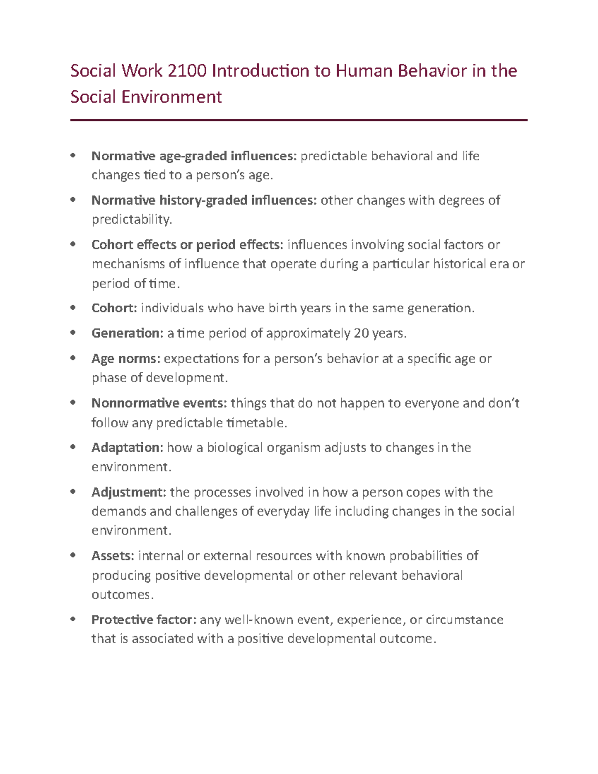 Social Work 2100 Introduction to Human Behavior in the Social ...
