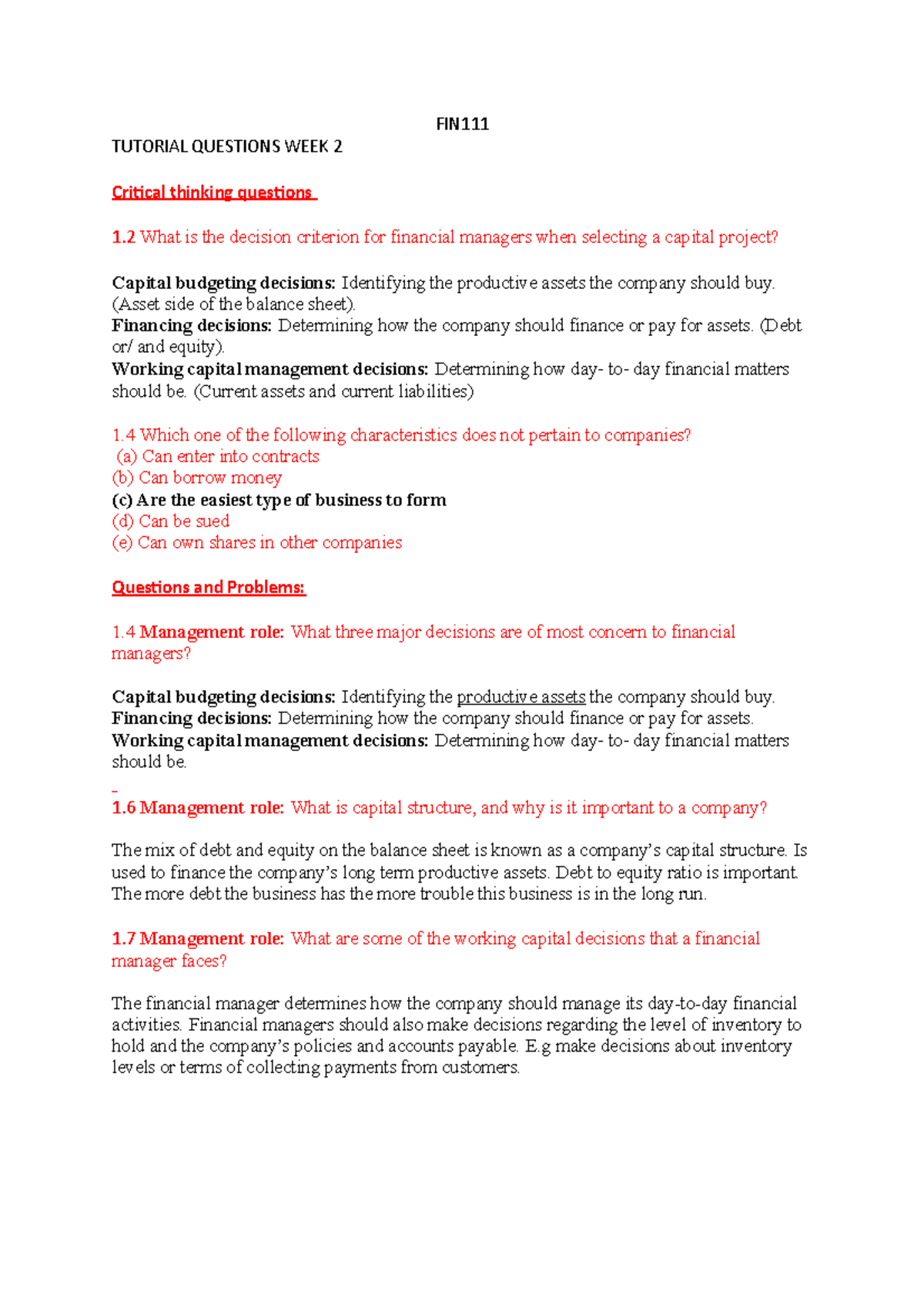 TUT 2 Questions FIN111 - FIN TUTORIAL QUESTIONS WEEK 2 Critical ...
