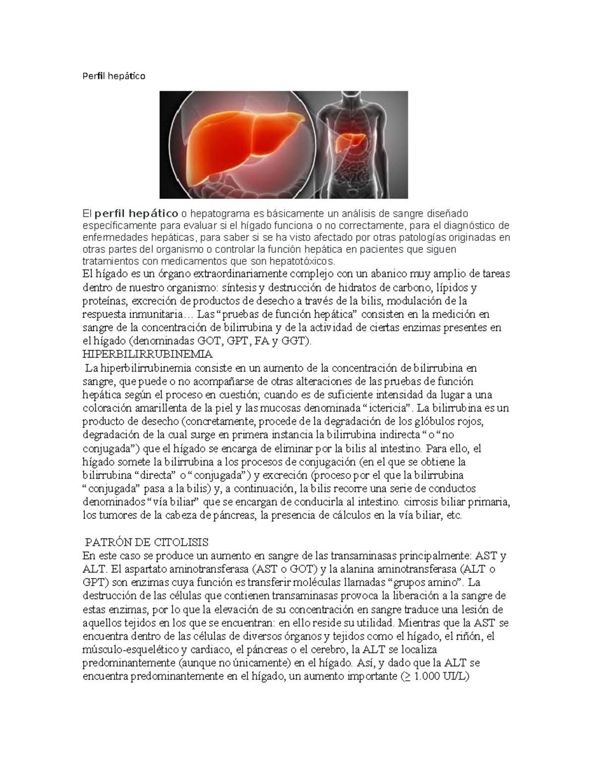 Perfil hepático - APUNTES ESPECIFICANDO TODOS LOS ANALISIS CLINICOS ...