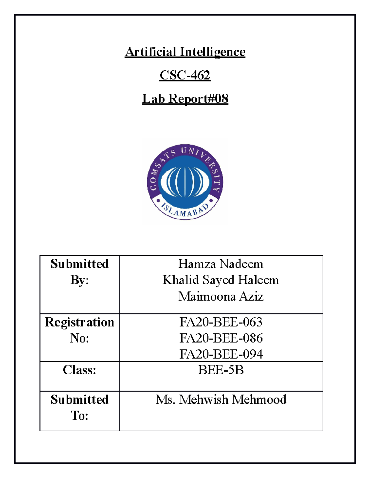 Ai lab8 - lab practicals - Artificial Intelligence CSC- Lab Report ...