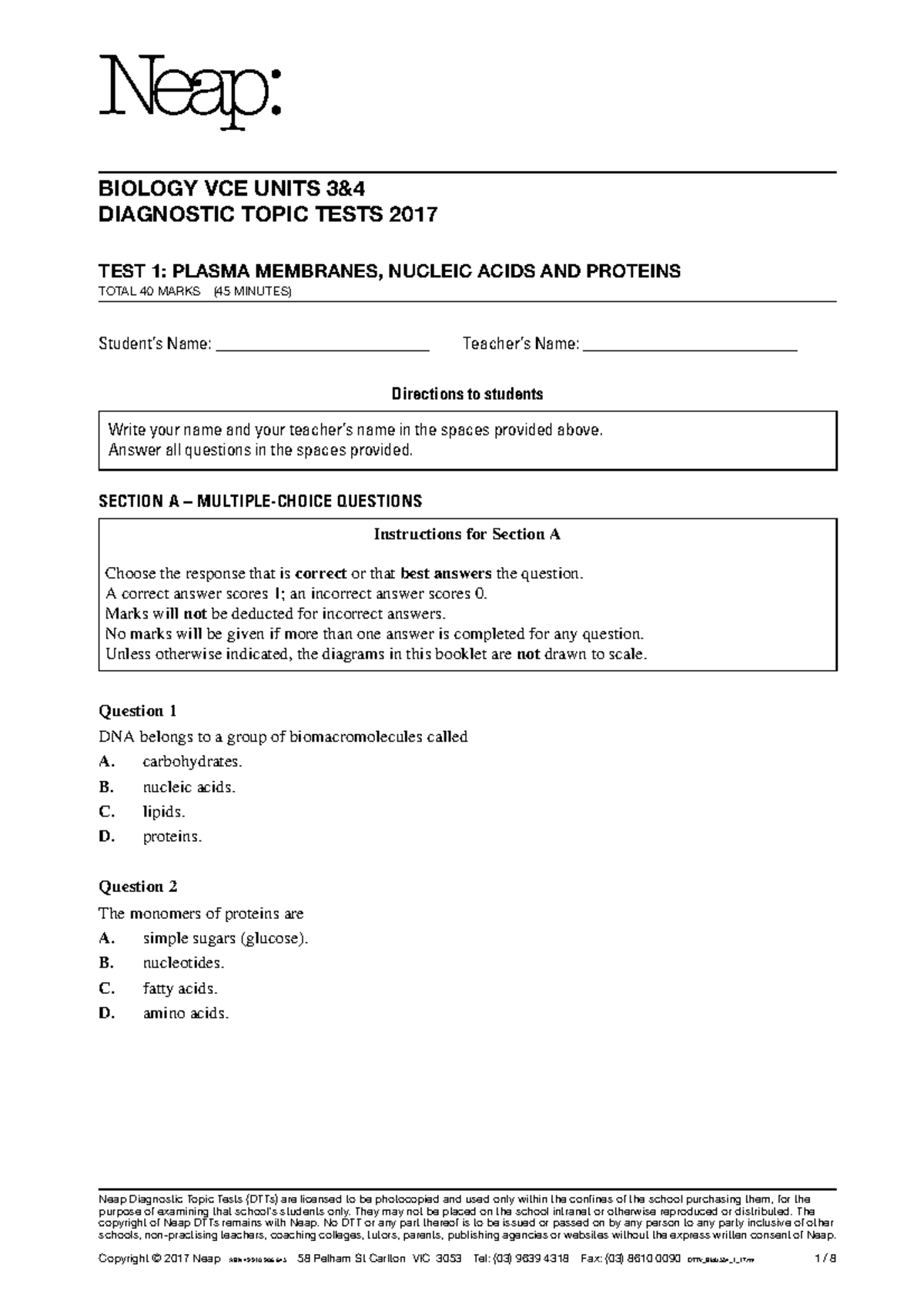 topic test aos1 u3 - BIOLOGY VCE UNITS 3& DIAGNOSTIC TOPIC TESTS 2017 ...