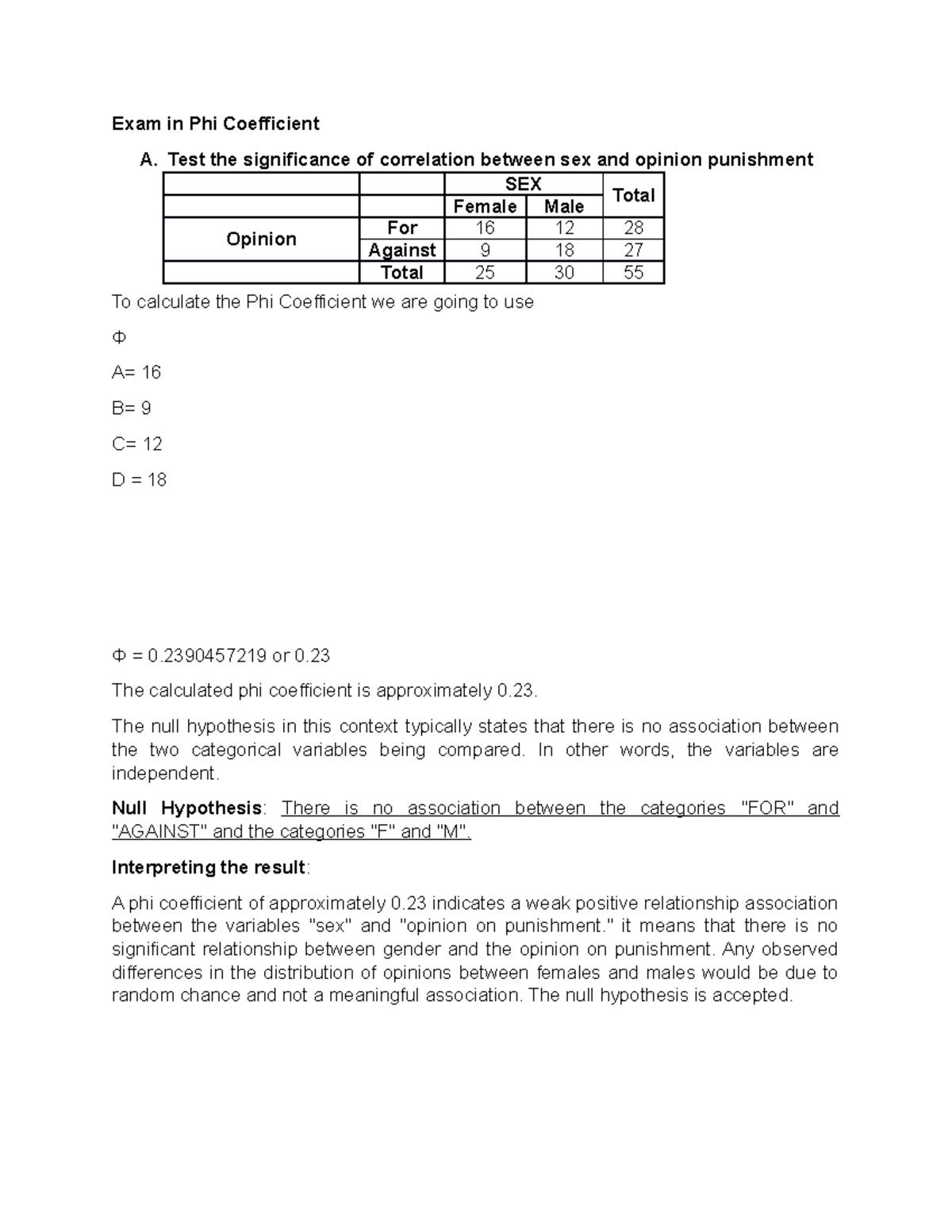 Exam In Phi Coefficient Test The Significance Of Correlation Between