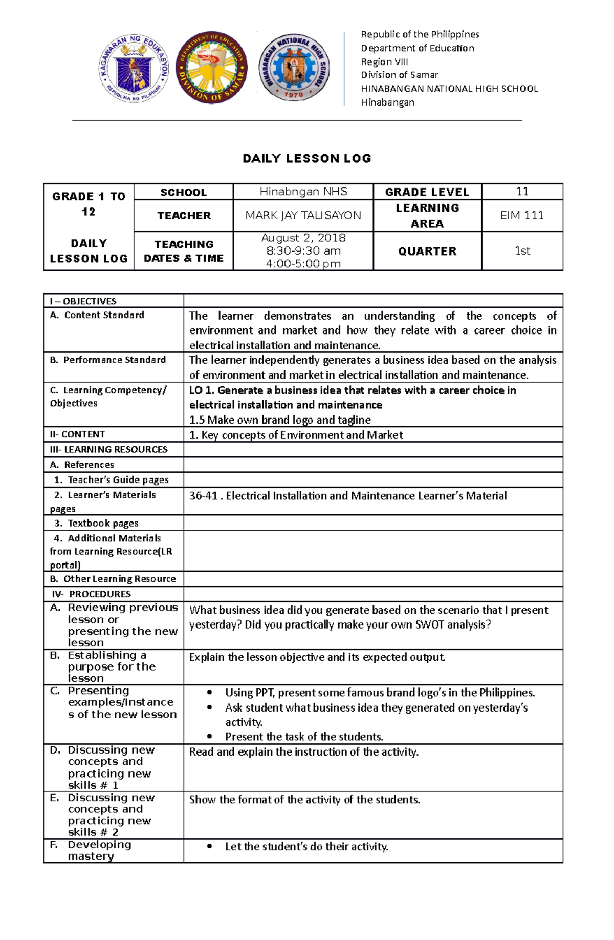 8 - daily lesson log - Republic of the Philippines Department of ...