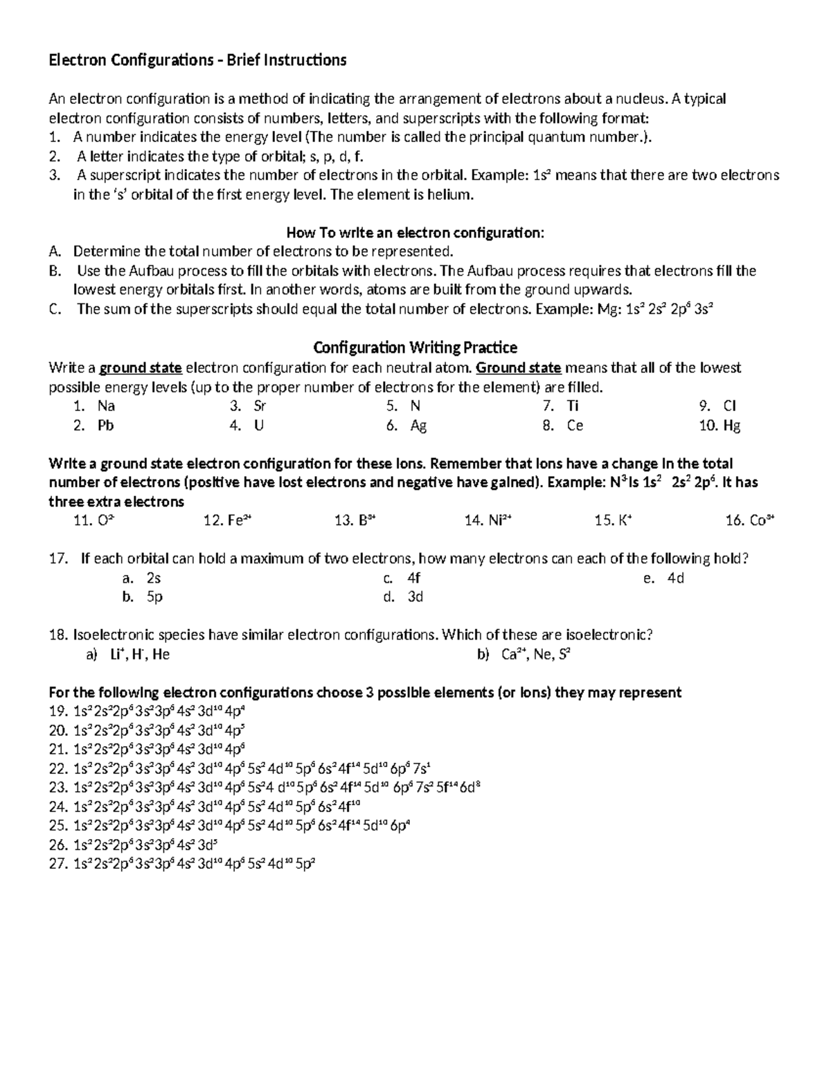 Electron config worksheet - Electron Configurations - Brief ... Electron config worksheet - Electron Configurations - Brief ...