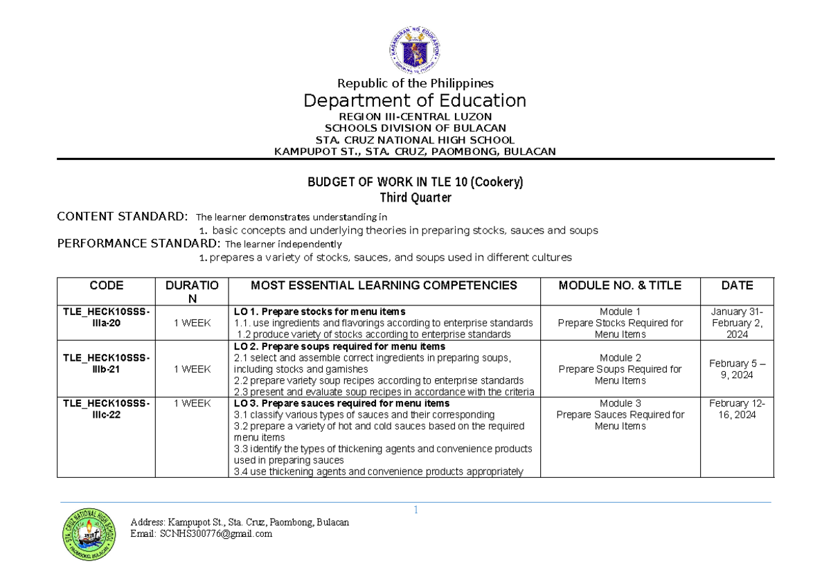 BOW-Cookery 10-Q3 - budget of works for quarter 3 - Republic of the ...
