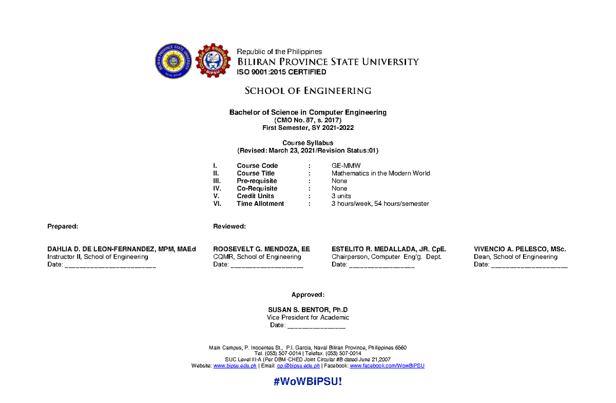 Mathematics in the Modern World Course syllabus - General Education ...
