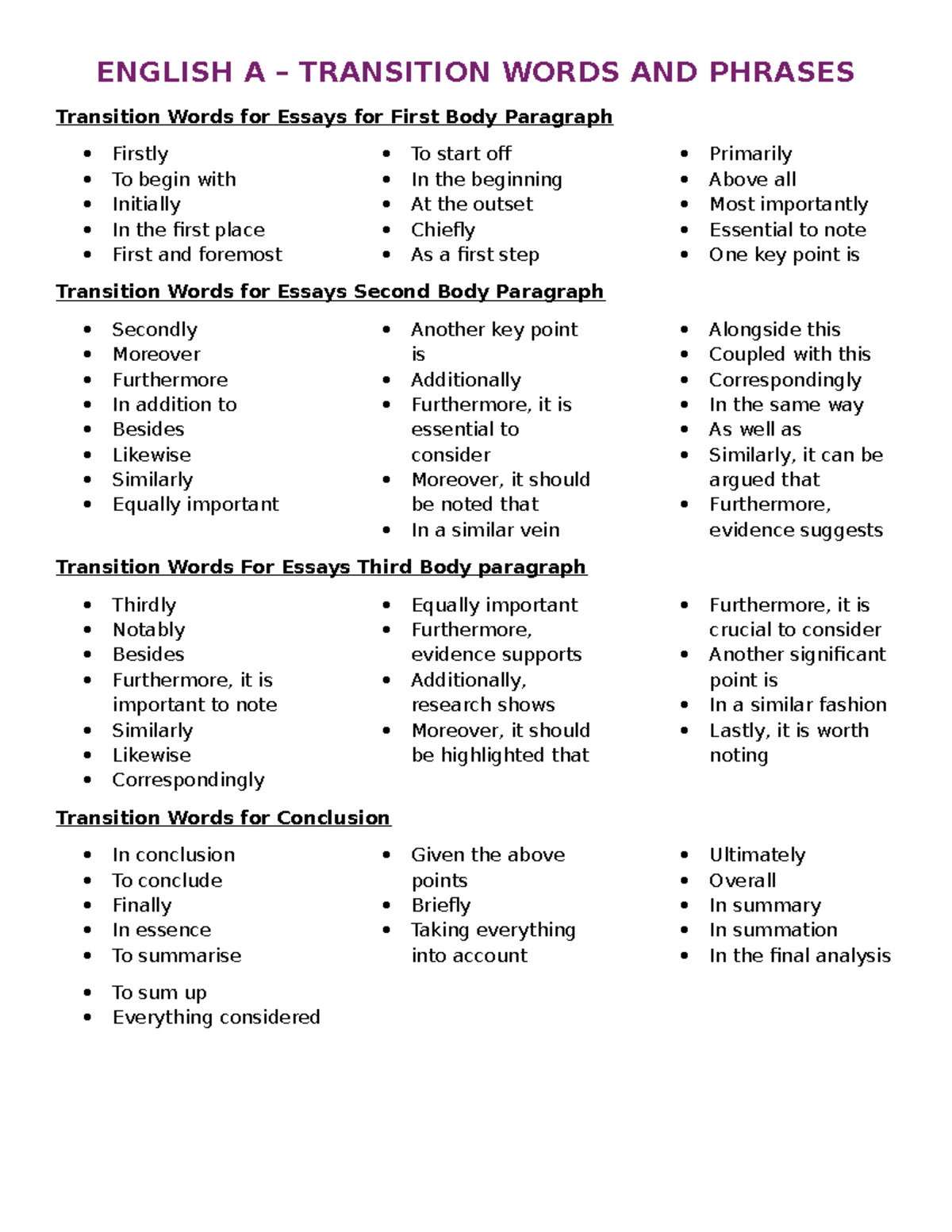 Transition Words- English A - ENGLISH A – TRANSITION WORDS AND PHRASES ...