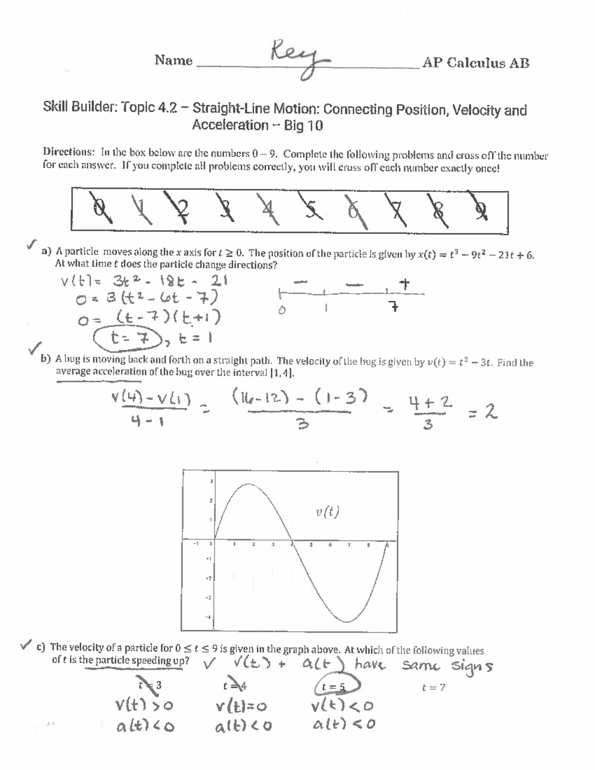 Big 10 Particle Motion Answer KEY - Name Key AP Calculus AB Skill ...