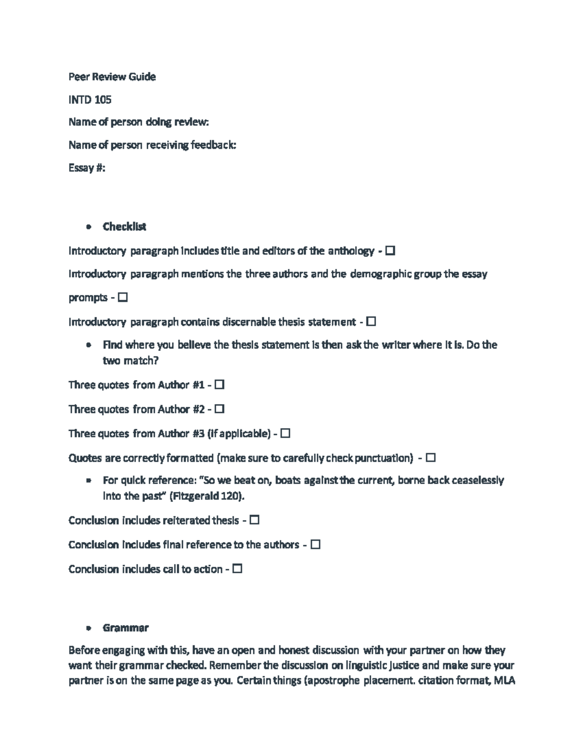 Intd 105 doc 2 - peer review guide - INTD 105 - Studocu