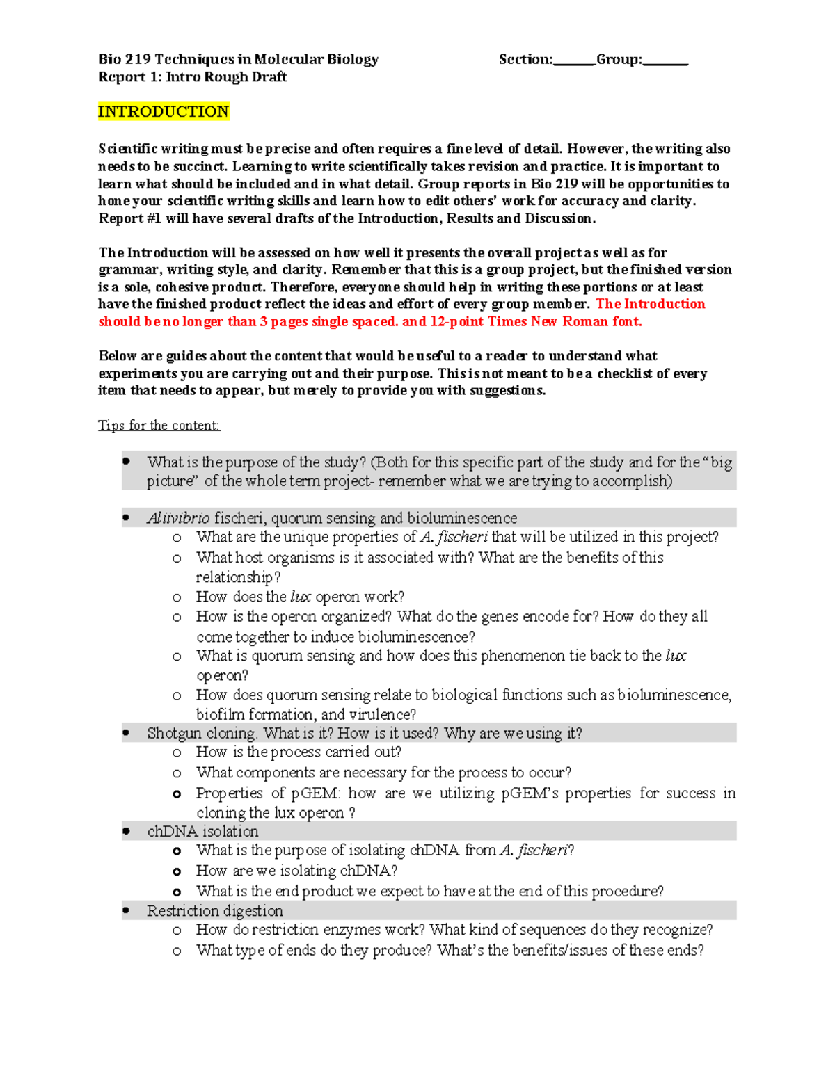 Lab Report Introduction Rubric - Bio 219 Techniques in Molecular ...