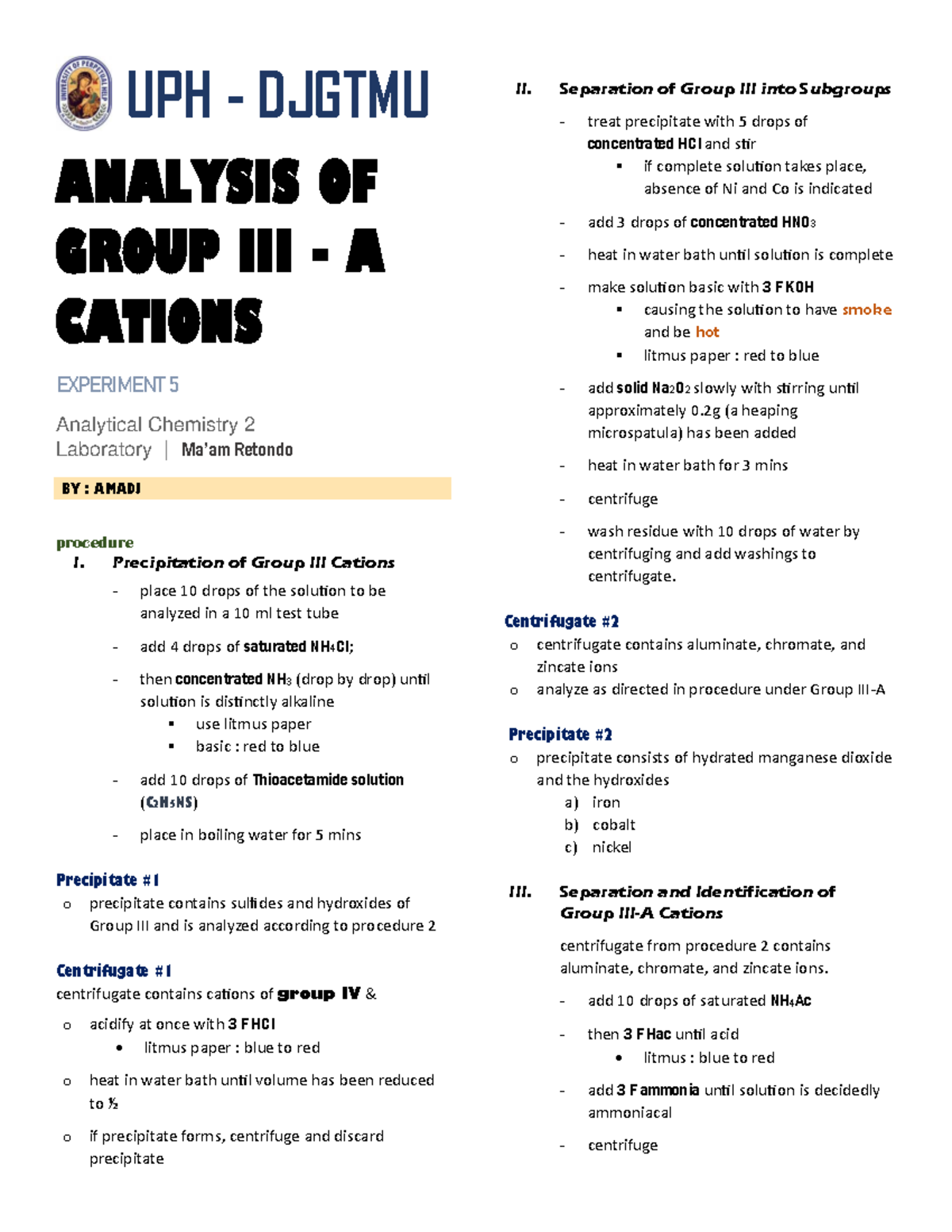 Ana Chem-Lab-Midterms - UPH - DJGTMU ANALYSIS OF GROUP III - A CATIONS ...