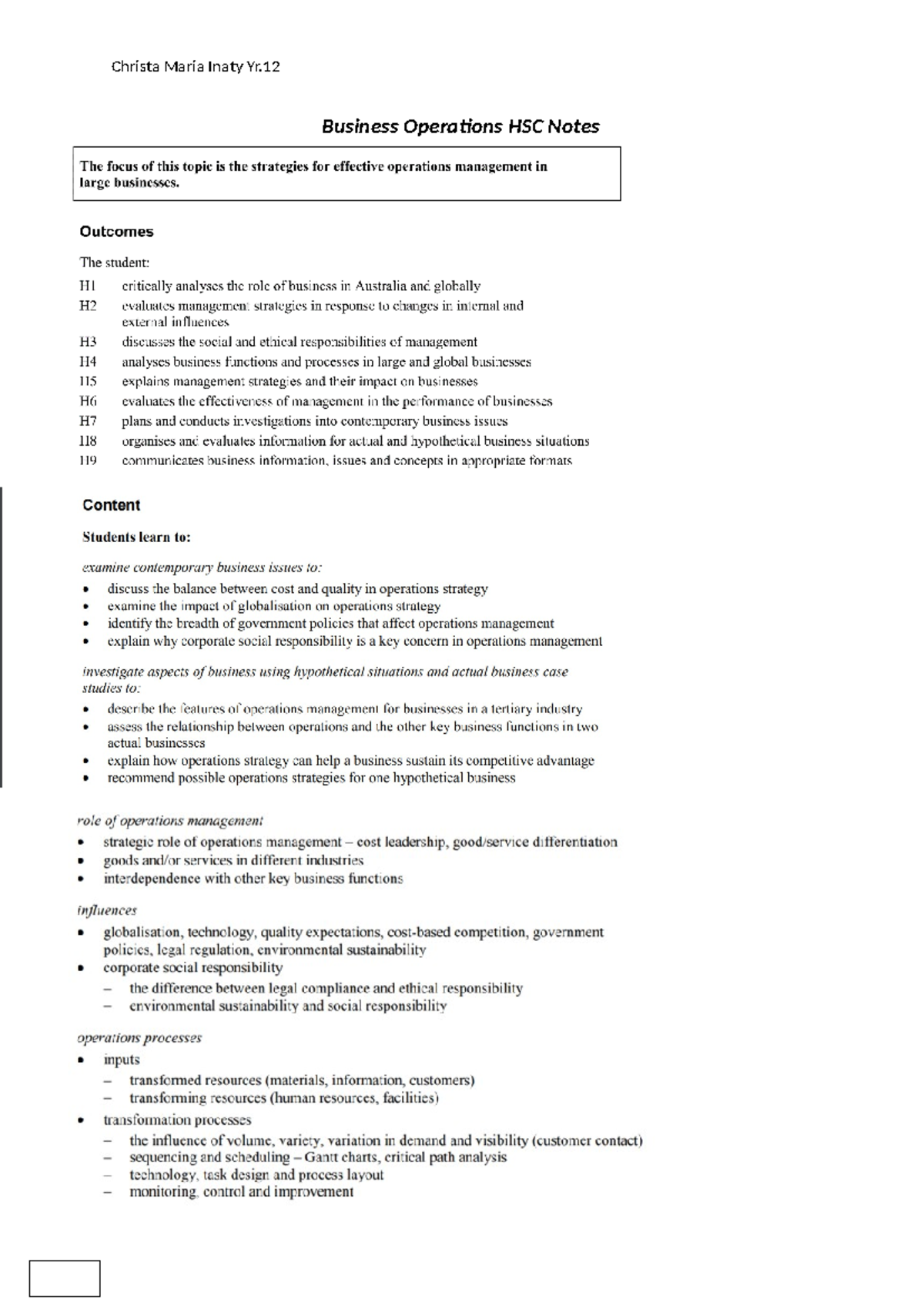Business Operations HSC Notes copy - Business Operations HSC Notes Role ...