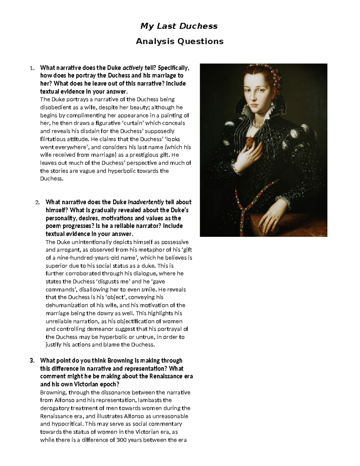 My Last Duchess – Analysis Questions - My Last Duchess Analysis ...