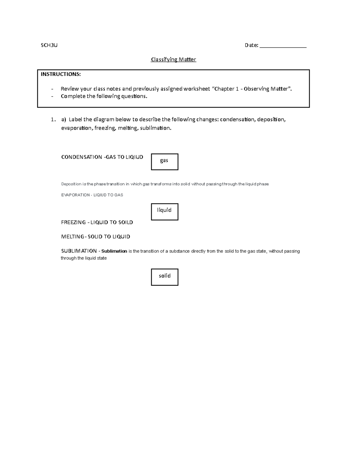 Unit 1 - Activity 10 - Classifying Matter Worksheet - SCH3U Date ...