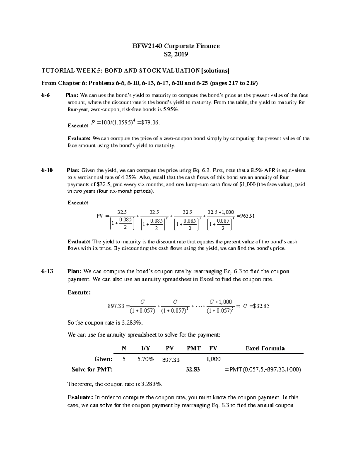 BFW2140 Tutorial week 5 solutions - BFW2140 Corporate Finance S2, 2019 ...