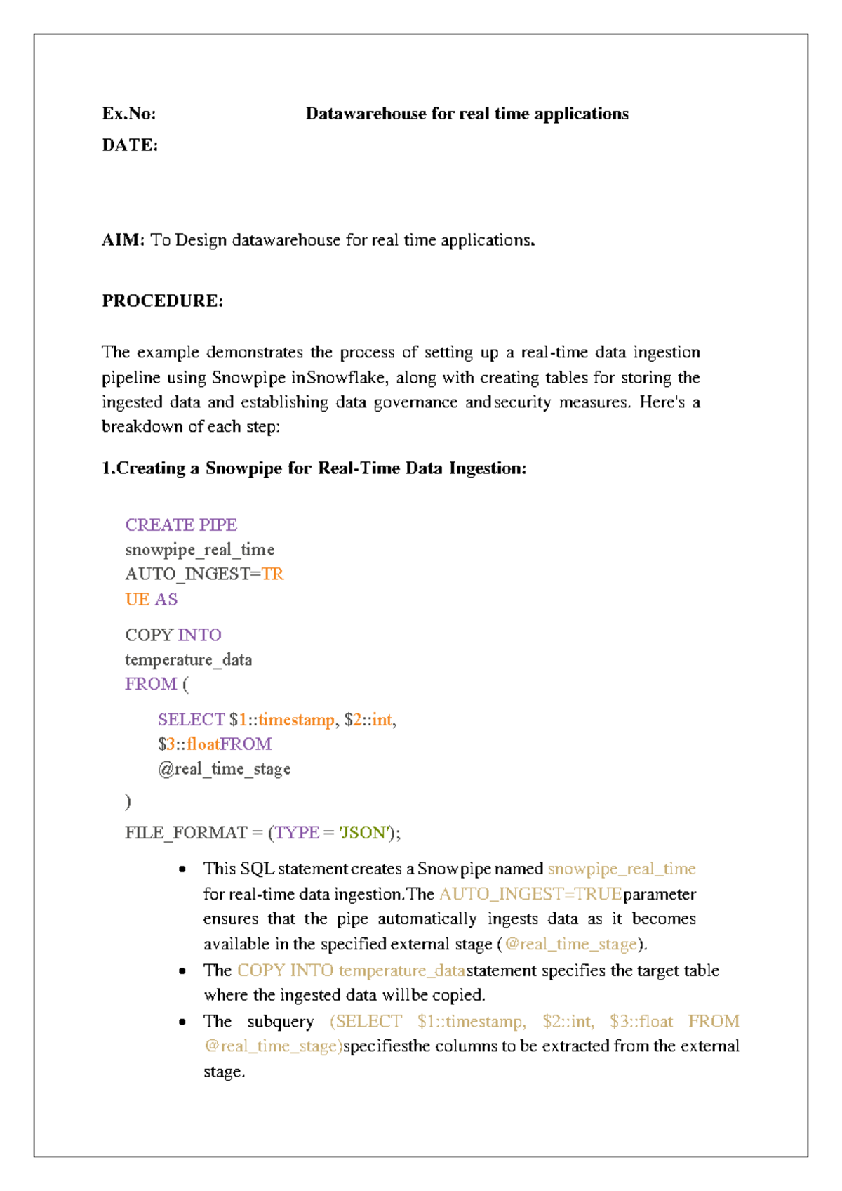 DW EX-5 - all about lab - Ex: Datawarehouse for real time applications DATE: AIM: To Design ...