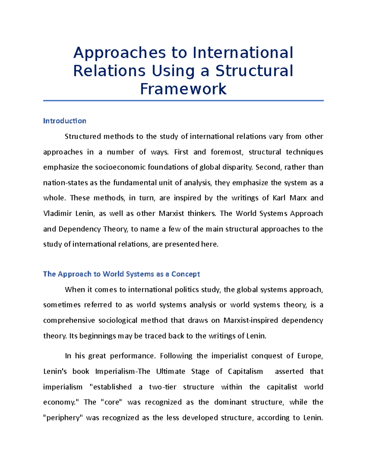 Approaches to International Relations Using a Structural Framework - B ...