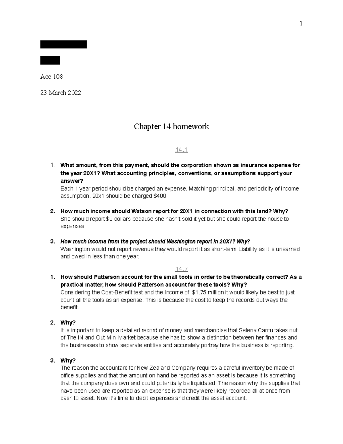 Ch.14 hw - Acc 108-1 - 1 Matthew Cowser Knecht Acc 108 23 March 2022 ...