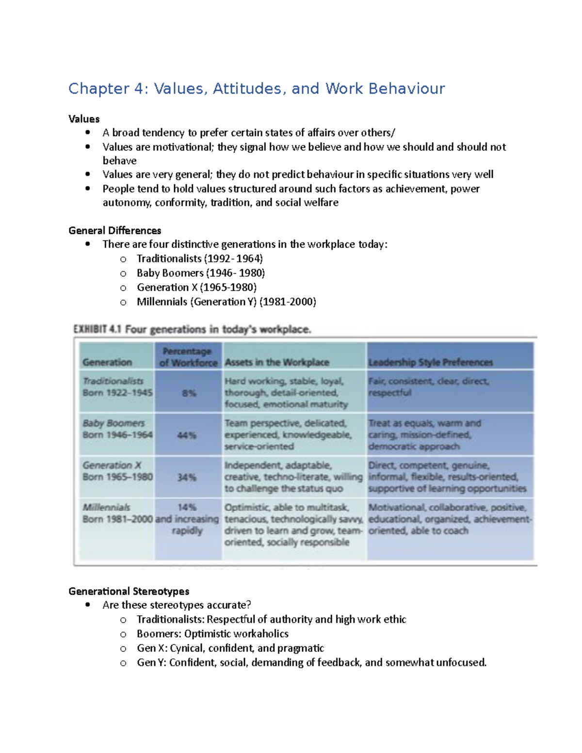 Chapter 4 - notes - Chapter 4: Values, Attitudes, and Work Behaviour ...
