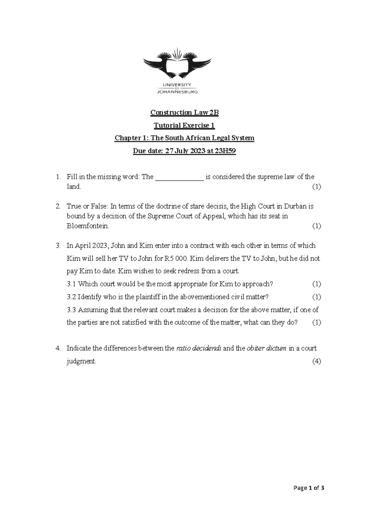 Exercise 1 - Introduction to SA Law in our modern day - Page 1 of 3 ...