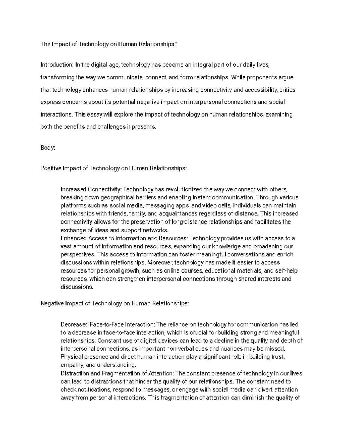 The Impact of Technology on Human Relationships - " Introduction: In ...