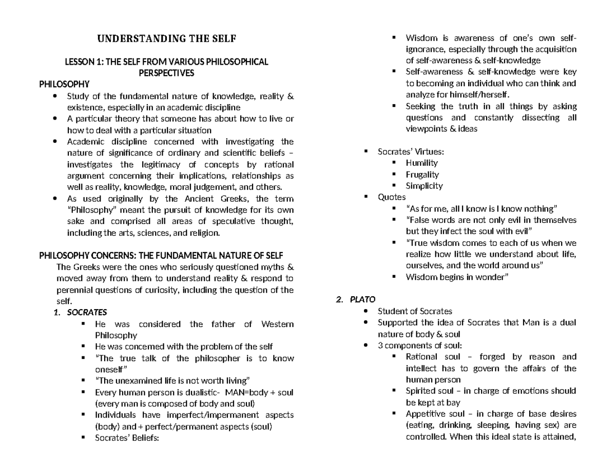 Chapter-1-Lesson-1 - STUDY WELL - UNDERSTANDING THE SELF LESSON 1: THE ...