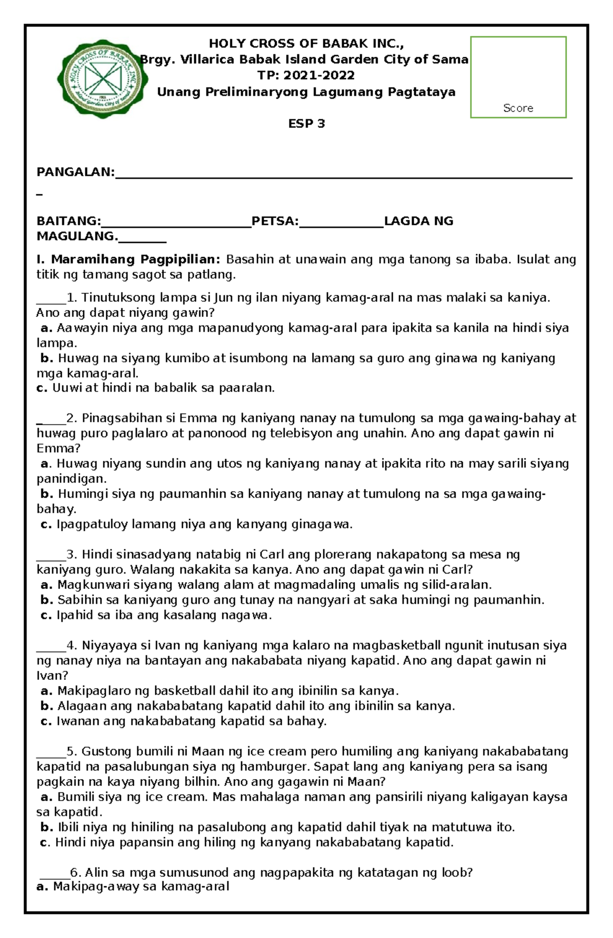 TEST Questioner-ESP - test questinnaire - HOLY CROSS OF BABAK INC ...