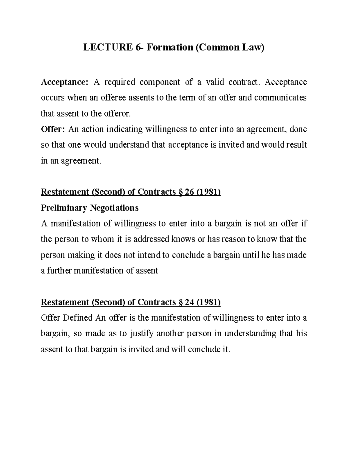 LAW-6 - Lecture notes 6 - LECTURE 6- Formation (Common Law) Acceptance ...
