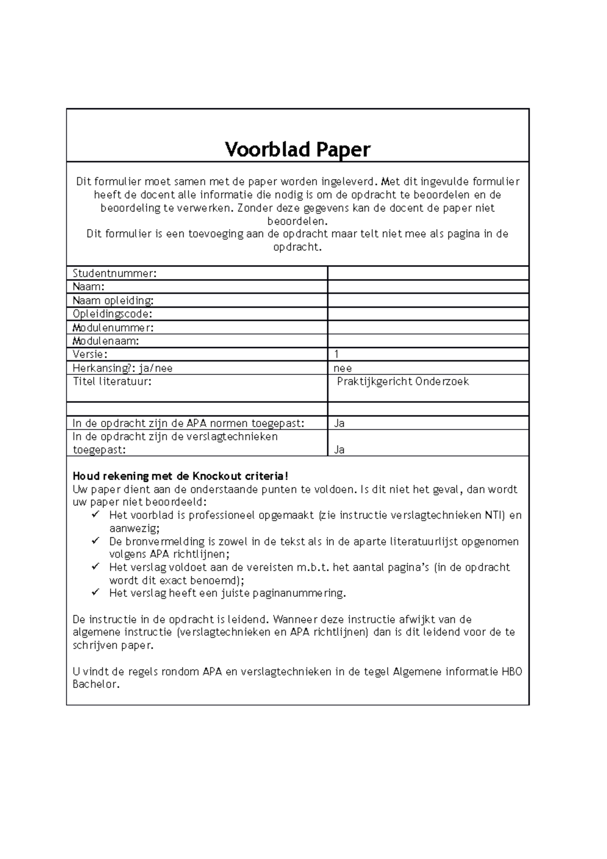 Praktijkgericht onderzoek - Voorblad Paper Dit formulier moet samen met ...