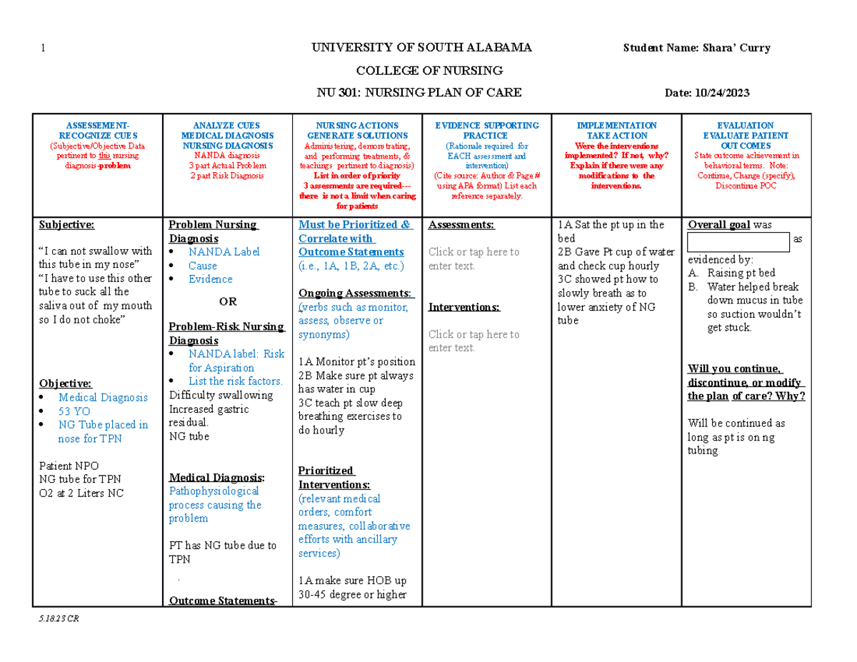 Week 1 Care plan - Care Plan - 1 UNIVERSITY OF SOUTH ALABAMA Student ...