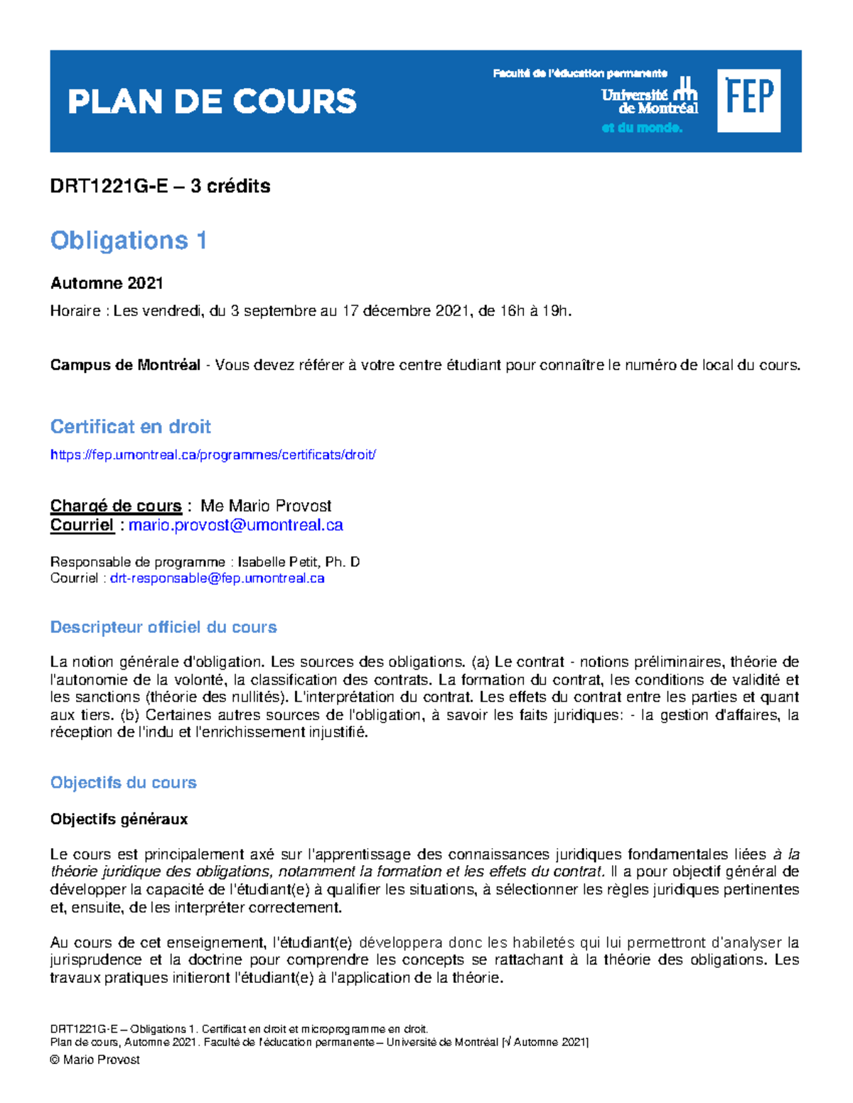 Plan de cours Oblig 1 - DRT1221G-E – Obligations 1. Certificat en droit ...