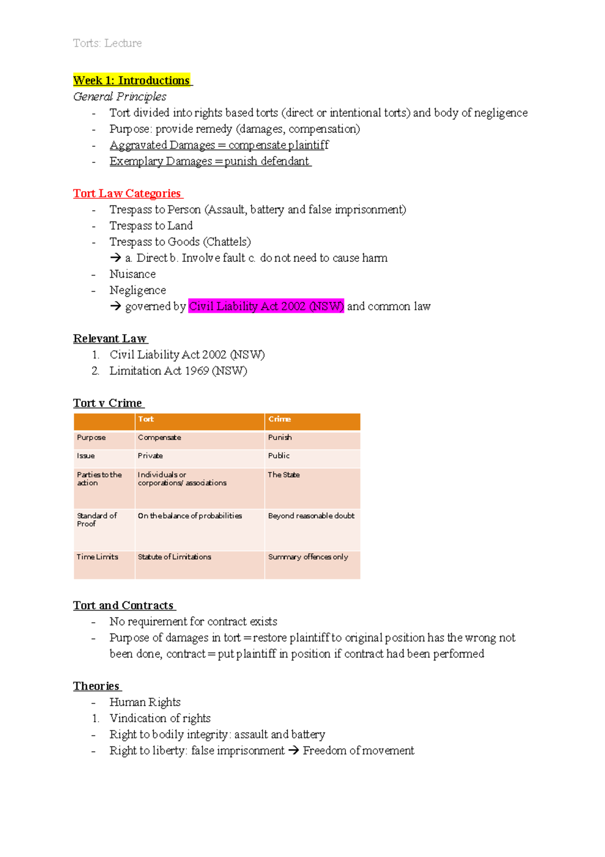 Lecture - Torts Notes - Week 1: Introductions General Principles - Tort ...