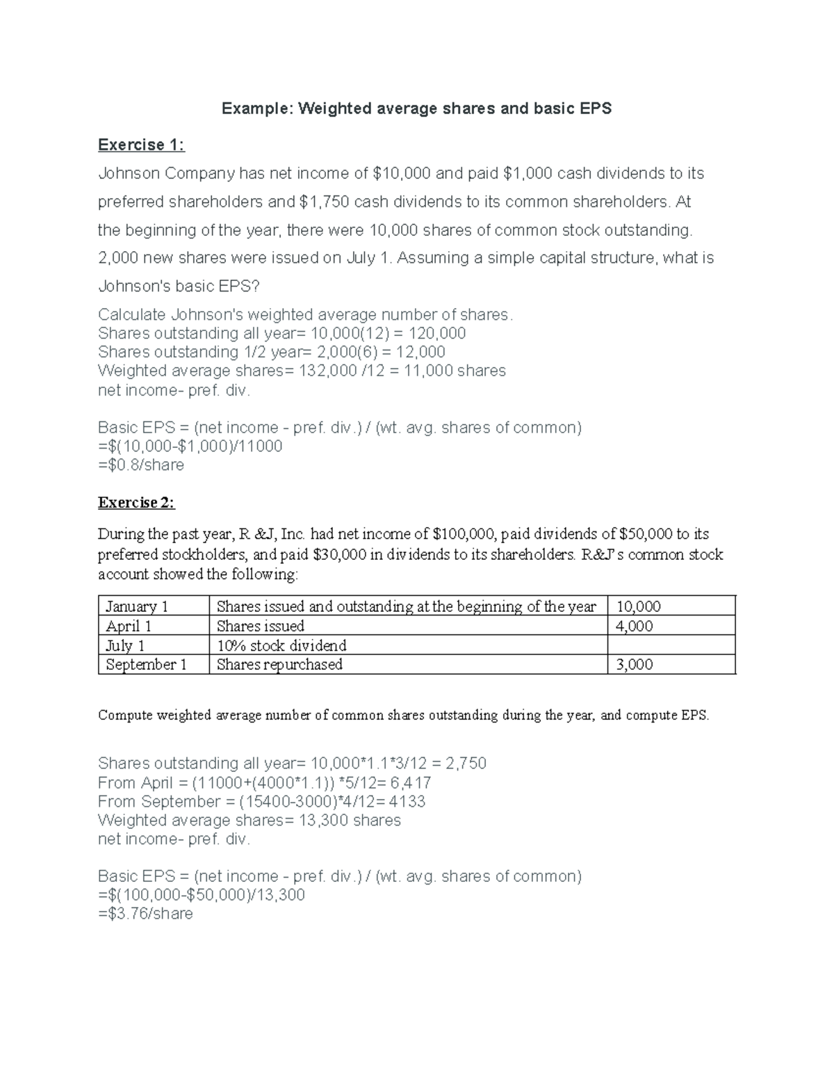 Weighted Average Example - Example: Weighted average shares and basic ...