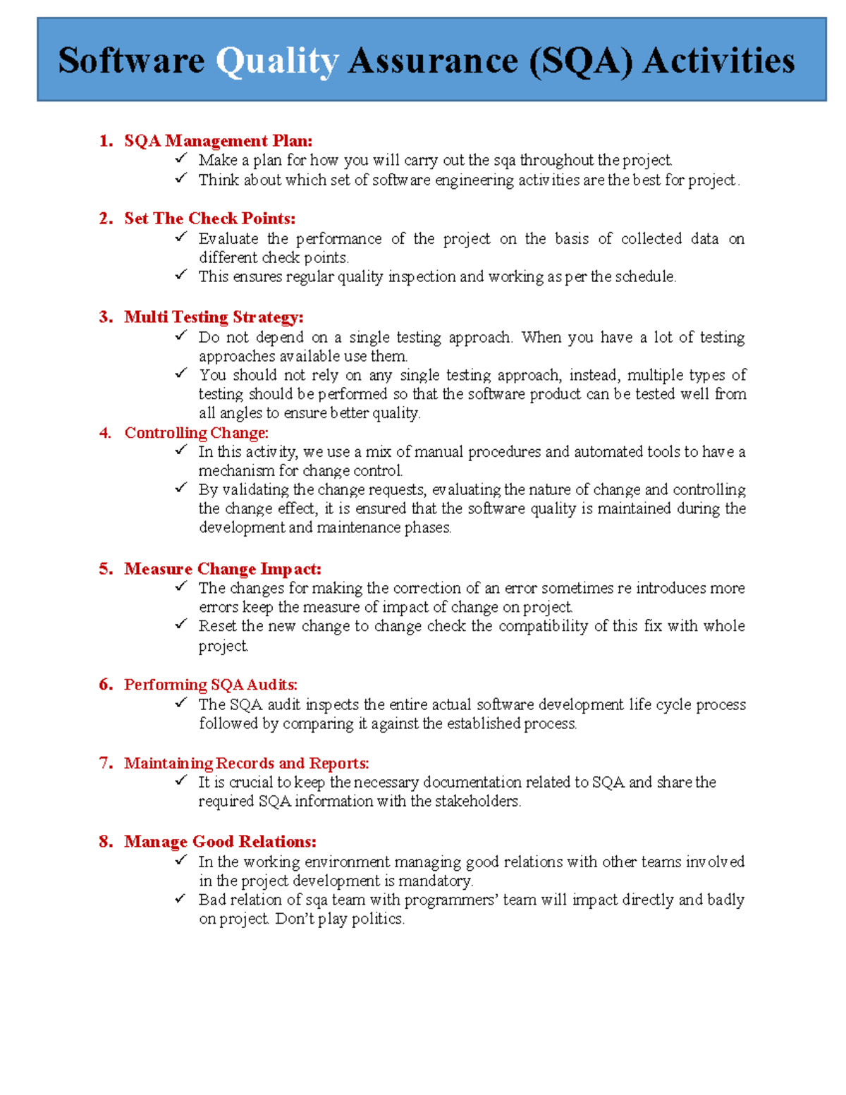 Software Quality Assurance Activities - 1. SQA Management Plan: Make a ...